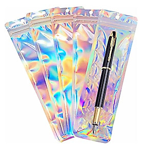 100pcs Holographic Ziplock Packaging Storage Bag Pen Packaging Bags for Small Business-2.4x9 inch Resealable Smell Proof Storage Bags for Packaging Lipgloss,Jewelry,Cosmetic,Candy