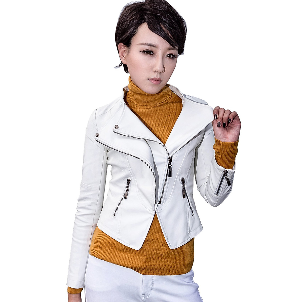 chouyatou Women's Fashion Tailored Zip-Up Faux Leather Quilted Racer Jacket (X-Small, White)