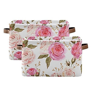 susiyo Large Foldable Storage Bin Floral Pink Roses Fabric Storage Baskets Collapsible Decorative Baskets Organizing Basket Bin with PU Handles for Shelves Home Closet Bedroom Living Room-1Pack