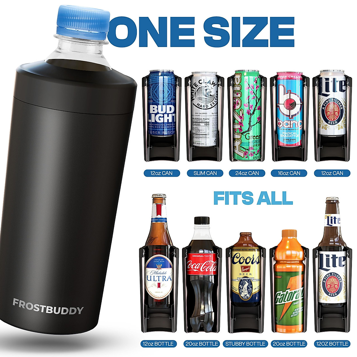 Frost Buddy Universal XL Can Cooler - Fits All - For 12, 16, 20, and 24 ounce Bottles - Insulated Double-Walled Stainless Steel (Black Wood)