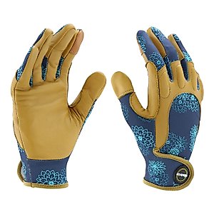 Miracle-Gro MG86213/WML Premium Goatskin Padded Palm Gloves – Floral, Medium-Large, High Dexterity Spandex Back Gloves for Women