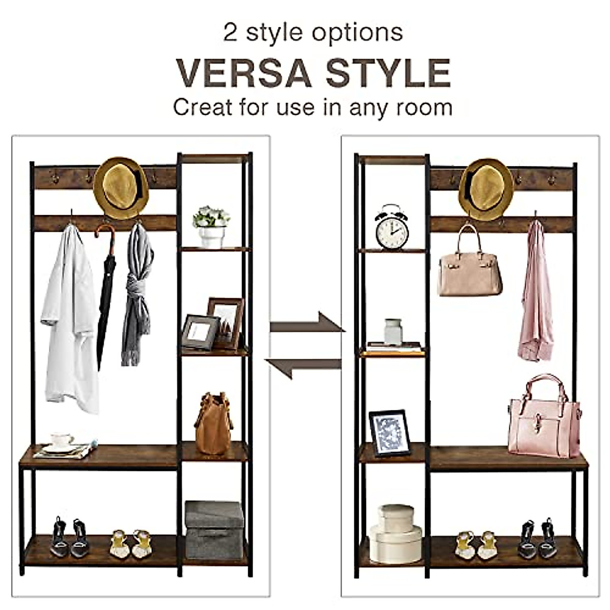 VECELO Coat Rack Shoe Bench,Hall Tree with 7 Hooks Entryway Storage 4-Tier Shelves and 1-Tier Shoe Shelf,Wood Look Accent Furniture Metal Frame,4 in 1 Design, Easy Assembly,Brown
