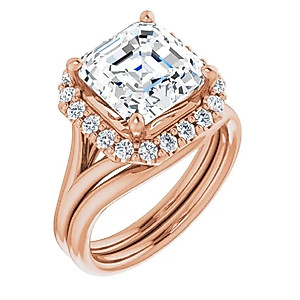 Asscher Moissanite Engagement Ring Set 4 CT Handmade 18K Solid Rose Gold Rings for Women Solitaire Colorless Diamond Anniversary Halo Bridal Wedding Ring Proposal Gifts VVS1 Colorless