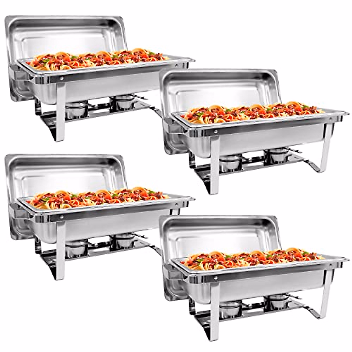 GRANDMA SHARK 4 Packs 8QT Stainless Steel Rectangular Chafing Dishes Sets with Alcohol Furnace for Catering Buffet Warmer Set Chafing Dish Buffet Set Food Warmers for Parties with Folding Frame