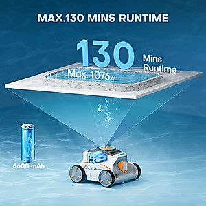 Ofuzzi Cyber 1200 Pro Cordless Robotic Pool Cleaner, Dual Navigation Path, Max.130 Mins Runtime, Stronger Suction Power Pool Robot for Above/In Ground Pools Up to 1076ft² (Orange)