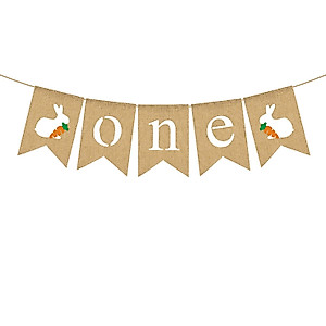 Rainlemon Jute Burlap One High Chair Banner with Bunny Spring Boy Girl 1st Birthday Party Highchair Decoration Supply