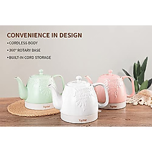 Toptier Electric Ceramic Tea Kettle, Boil Water Quickly and Easily, Detachable Swivel Base & Boil Dry Protection, Carefree Auto Shut Off, 1 L, White Leaf