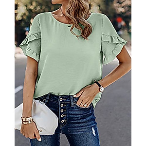 PRETTYGARDEN Women's Shirts Summer Casual Crewneck Lace Crochet Short Sleeve Blouses Cute Floral Print Loose Tunic Tops(Solid Light Green,Large)