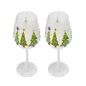Winter Birthday Themed Stemmed Wine & Water Glasses - Set of 2 - Shining Holiday Red Green Yellow Silver, Holidays Parties Glassware - Xmas Tree - Set of 2, 17.5oz - New years Eve Festive Glass