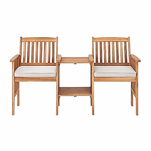 Bristol Acacia Wood Outdoor Double Seat Bench, Attached Table, Weather-Proof, Natural Finish, Porch, 60 in. W x 23 in. D x 35 in. H, Seat: 19 in. W x 17 in. D x 18 in. H, Table: 15 in. W x 18 in. D