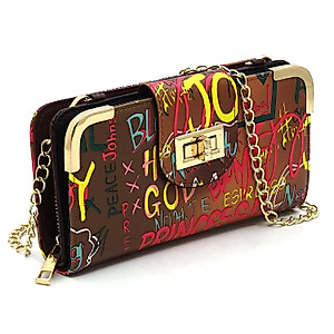 Multicolor Graffiti Printed Cell Phone Purse Wallet Smartphone Crossbody Wallet Travel Multifunction Phone Case Wristlet Clutch Wallet (#B-Tan/Yellow)