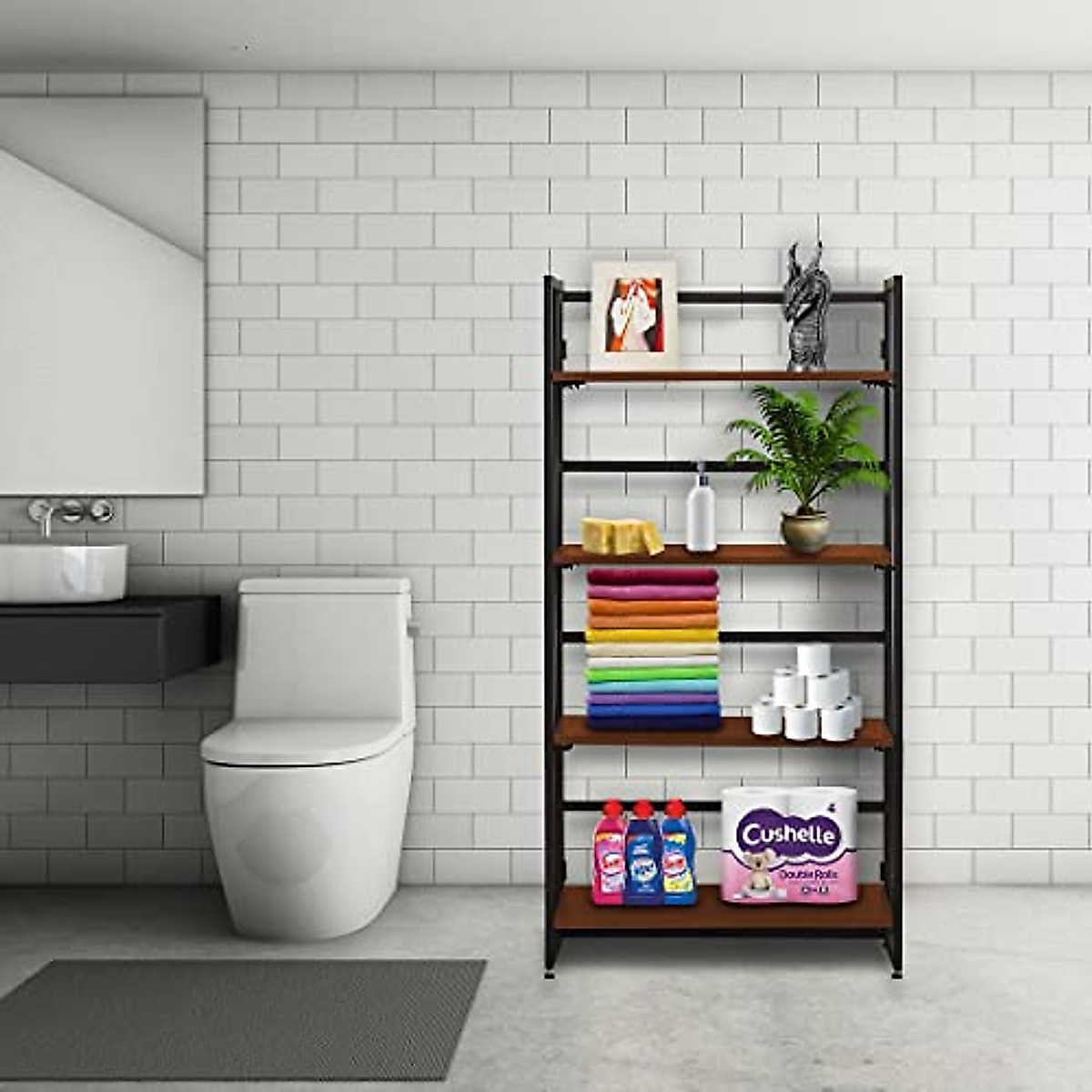 Halter 4-Tier Industrial Bookshelf Standing Shelving Unit Folding Book Shelf Organizer Wood Bookshelf Shelves for Living Room Office or Bedroom 2 Pack Brown