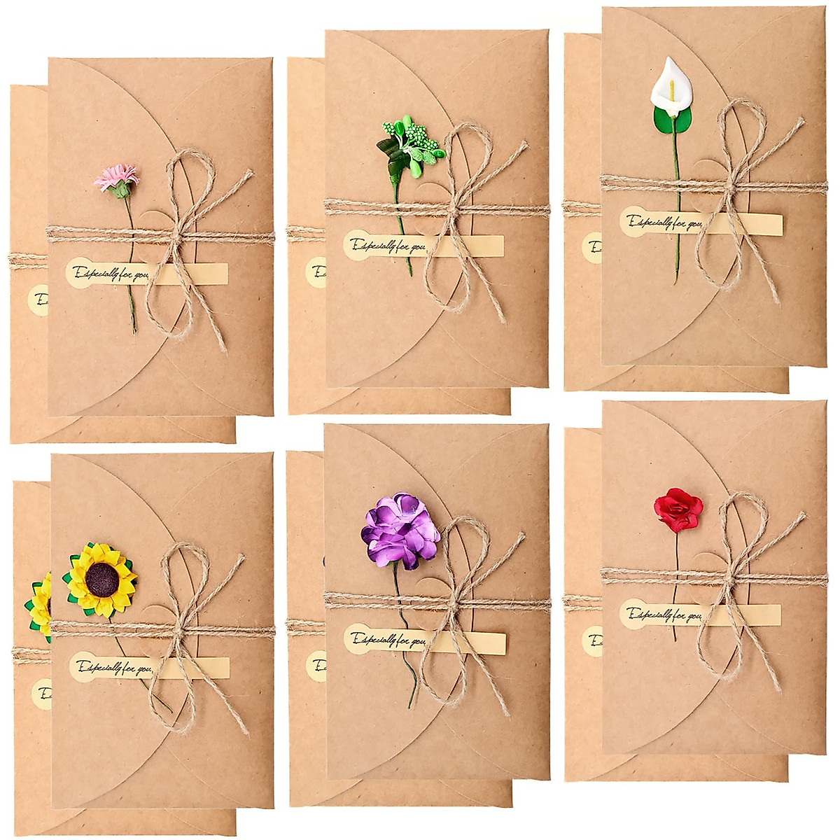 JJYHEHOT 12 Packs Dried Flowers Greeting Card with Envelopes, Brown Retro Kraft Holiday Gift Card, DIY Invitation Wish Card Note Card Thank You Card for Birthday Christmas