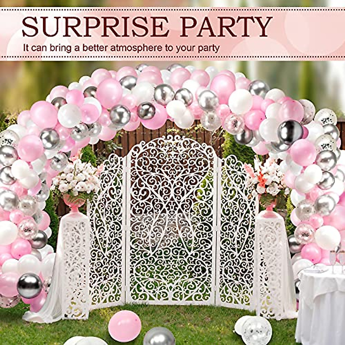 Pink and Silver Balloon Garland Arch Kit, 120 Pieces White Light Pink Silver Confetti Latex Balloons Arch for Christmas Birthday Baby Shower Wedding Proposal Engagement Party Decorations
