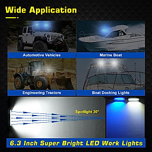 WFPOWER LED Marine Boat Lights, 6.3Inch White & Blue Spreader 2 In 1 Deck Spot Light IP67 Waterproof Double Row T-Top Dock Fog Spotlights for Pontoon Boat Fishing Accessories Truck 12V 24V (2 Pack)