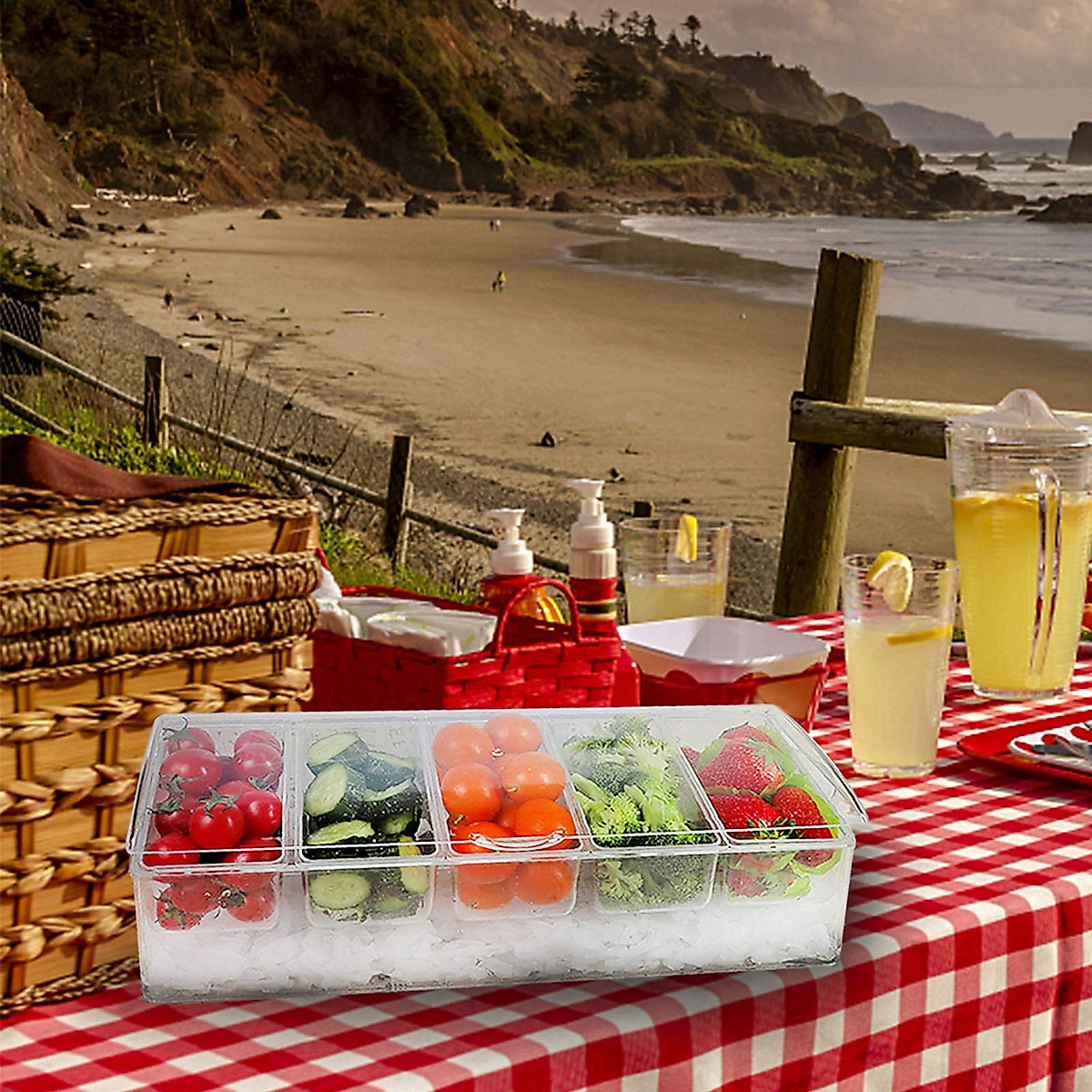 MorTime Ice Chilled Condiment Server with 5 Removable Compartments, Clear Sauce Caddy Serving Tray Container with Lid, Set of 5 Serving Spoons & 3 Tongs Included