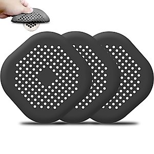 Hair Catcher Shower Drain, Drain Durable TPR Silicone Square 5.5 Inch Flat Hair Stopper Drain Cover with Suction Cups Easy to Install Hair Stopper Suit for Bathroom,Bathtub,Kitchen, 3 Pack (Black)