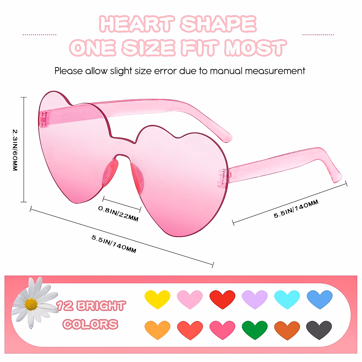 Pibupibu 12 Pack Colorful Heart Shaped Sunglasses for Women Bulk Rimless Glasses Transparent Bachelorette Party Favors