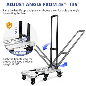 KEDSUM Aluminum Panel Folding Hand Truck Dolly, 90 & 135° Foldable Dolly Cart, Heavy Duty Luggage Cart, Platform Cart Utility Cart with 6 Wheels & 2 Lashing Straps for Moving, Travel, Shopping Use