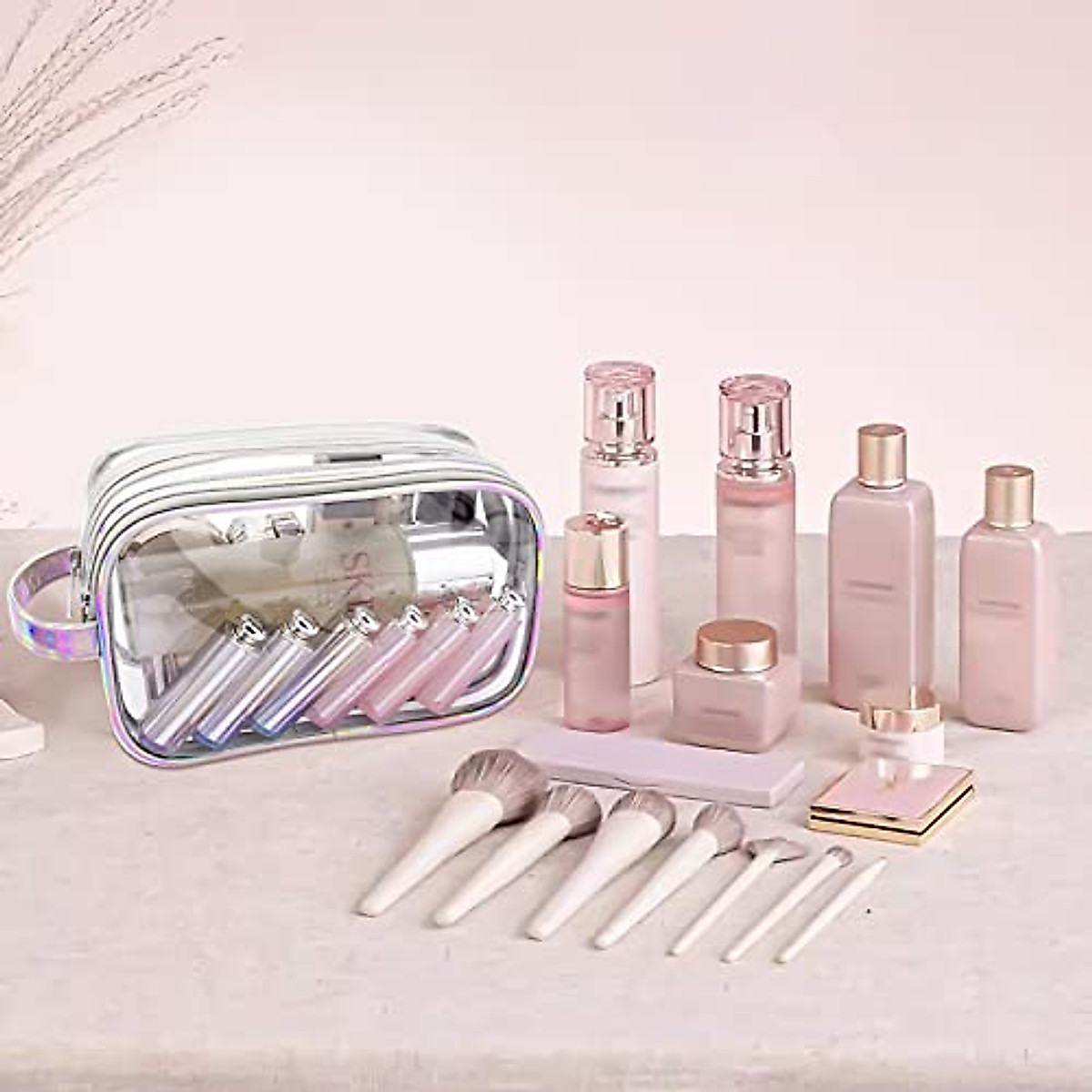 Lermende Clear Makeup Bag, 2 Layer, Water-Resistant, Large, Portable, Transparent, Travel, Women and Girl