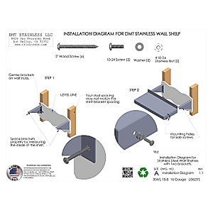 DMT Stainless Wall Shelf. 48" X 10" Deep. Made in USA. 16 Gauge 304/L Stainless Steel. Heavy Duty.