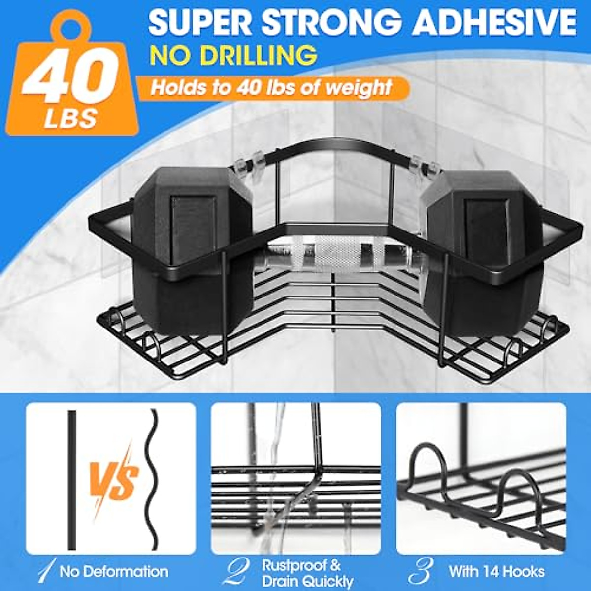 Corner Shower Caddy, 5 Pack Adhesive Organizer Stainless Steel Bathroom Shelves with Holder & 14 Hooks No Drilling Wall Mounted Storage Rack Shelf for Inside Shower, Black