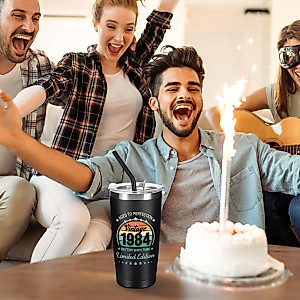 Jettryran 40th Birthday Gifts for Women Men Parents 40 Years Old Gifts- 20 oz Double-sided Vintage 1984 with Time Information Tumbler Cup（black） Turning 40- TB002