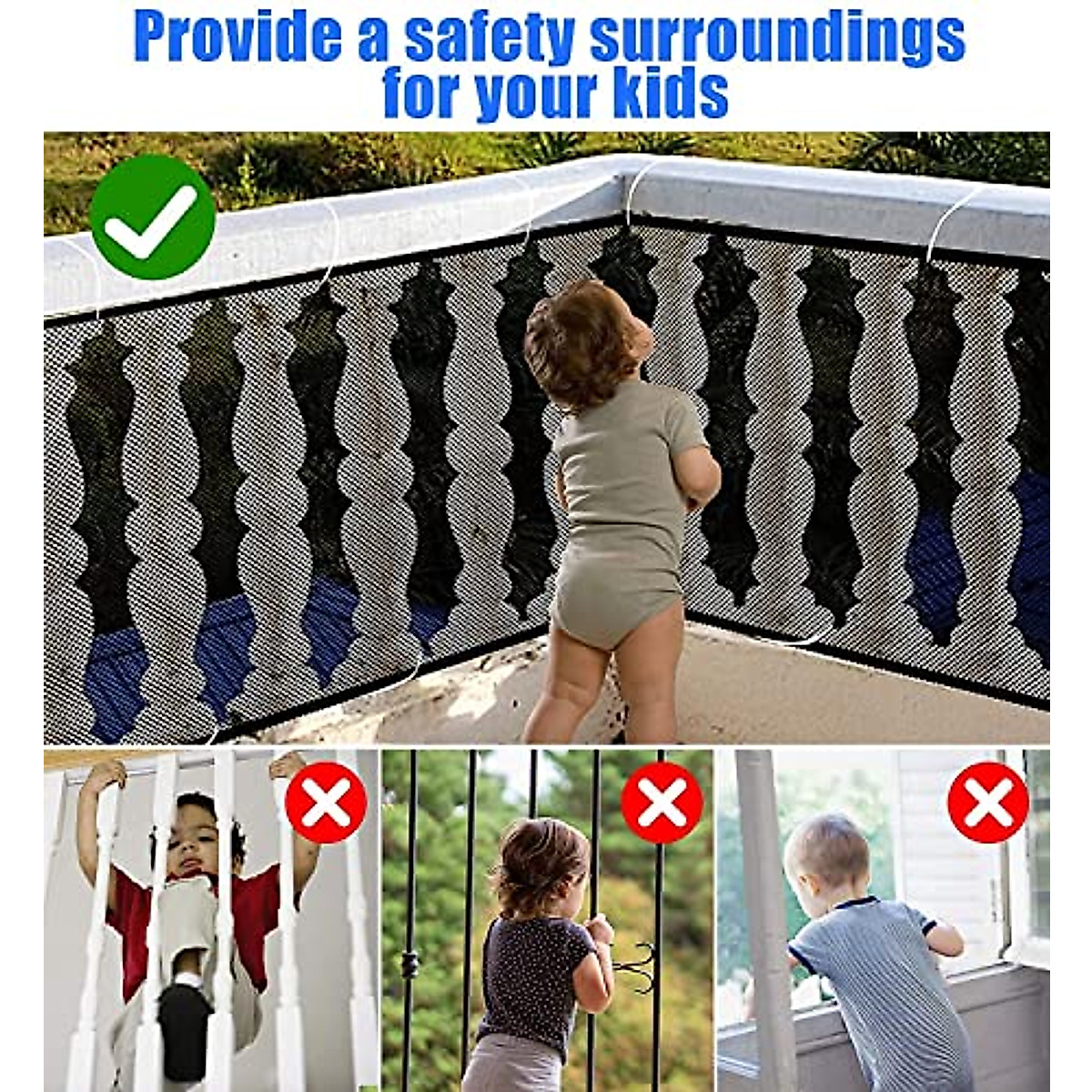 JIFTOK Baby Gate for Stairs, Banister Guard for Kids, Pets, Toys, 10ft L x 2.66 ft H, Mesh Netting Safety Net for Balcony Rail Stair, Stairway Net Baby Safety Products for Indoor & Outdoor (Black)