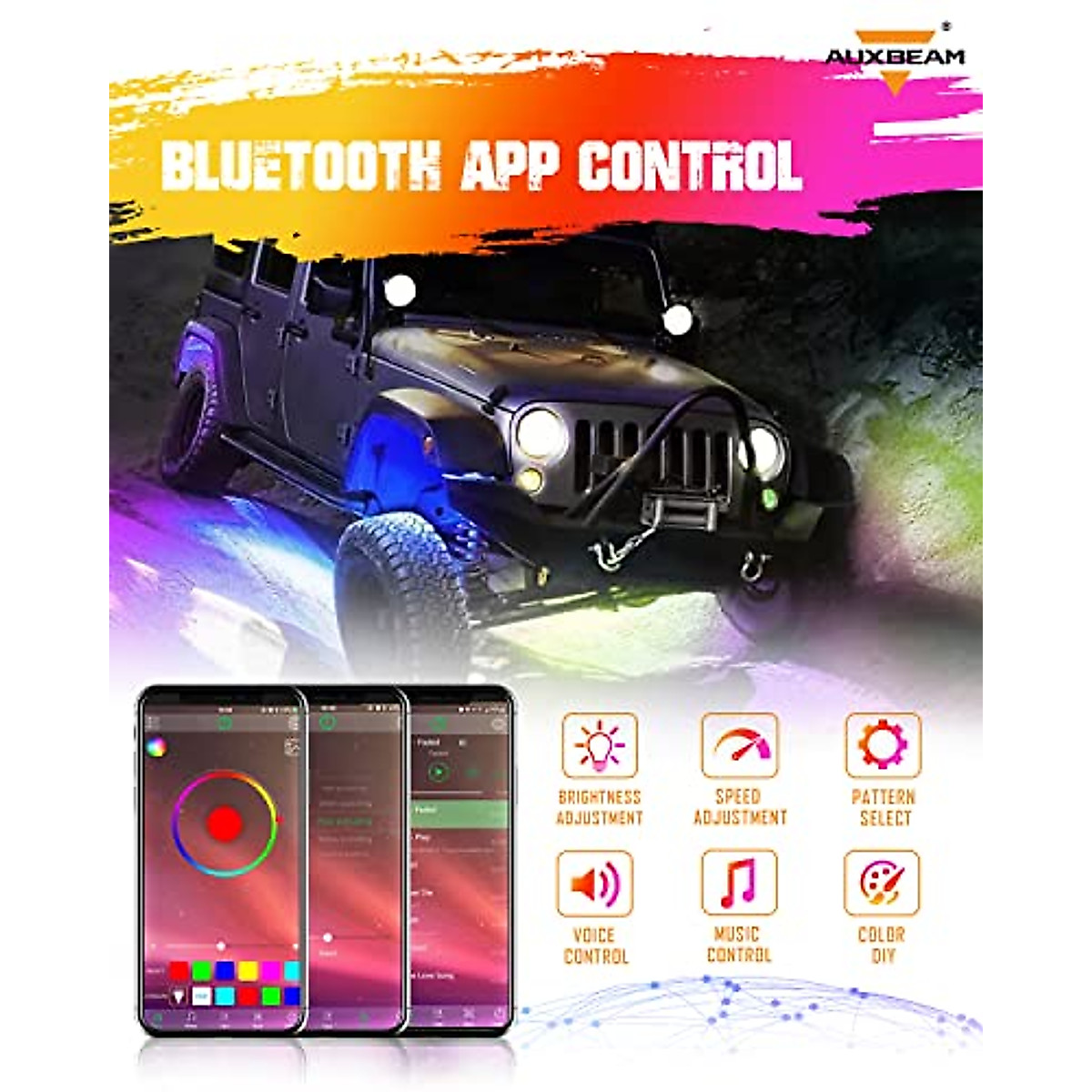 Auxbeam 8 Pods RGB LED Rock Lights + 3FT RGB LED Lighted Whips w/Brake & Turn Signal Light 2Pcs, Bluetooth Multicolor Neon Accent Lights for ATV UTV SUV Trucks Boat