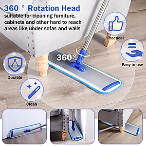 Uiifan 2 Set 18" Microfiber Mop Floor Cleaning System, Flat Mop for Hardwood Floors Commercial Mop Bulk Wet and Dust Mop with Extendable Handle, Reusable Mop Pads, Household Cleaning Tools