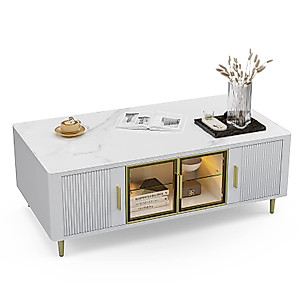 IKIFLY Modern Slate Coffee Table with 16 Colors LED Lights and Glass Doors, Durable Rectangle Design End Table for Living Room Bedroom