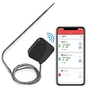 NutriChef Smart Bluetooth BBQ Thermometer - Upgraded Stainless Probe Safe to Leave in Grill, Outdoor Barbecue or Meat Smoker - Wireless Remote Alert iOS Android Phone WiFi App - PWIRBBQ40