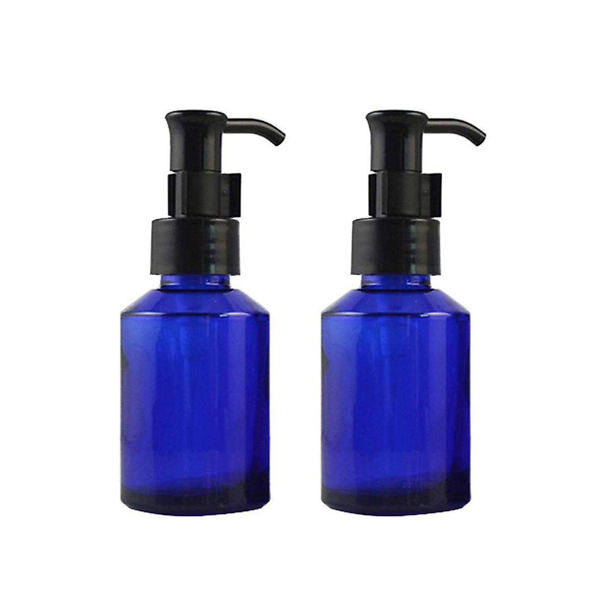 2PCS 60ML/2oz Blue Glass Pump Bottles with Black Pump Top Cosmetic Make-up Cream Lotion Sample Packing Storage Container Vial Jar for Emulsion Essence