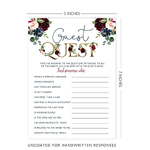 Your Main Event Prints Navy Burgundy Bridal Shower Bachelorette Games - Floral, He Said She Said, Find The Guest, Would She Rather, What's In Your Phone - 25 Games Each, Printed Front and Back, One Game Per Side