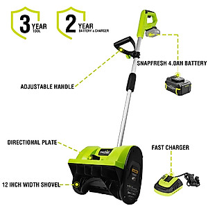 SnapFresh 20V Snow Shovel Cordless,12” Electric Snow Thrower kit,Adjustable Handle, Directional Plate, Handheld Battery Powered Snow Thrower for Driveway Clearing,4.0Ah Battery & Fast Charger Included