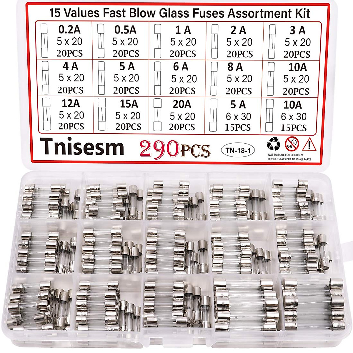Tnisesm 290 Pcs Fast Blow Glass Fuses Assortment Kit 0.2A, 0.5A, 1A, 2A, 3A, 4A, 5A, 6A, 8A, 10A, 12A, 15A, 20A 5 x 20mm, 5A, 10A, 6 x 30mm 15 Values 250V with Plastic Box Tn-18-1