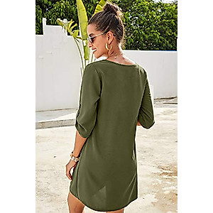 AlvaQ Womens Dress 2024 Summer V Neck Button Down Fall Short Sleeve A Line Swing Skater Tunic Dresses Beach Sundress Green Large