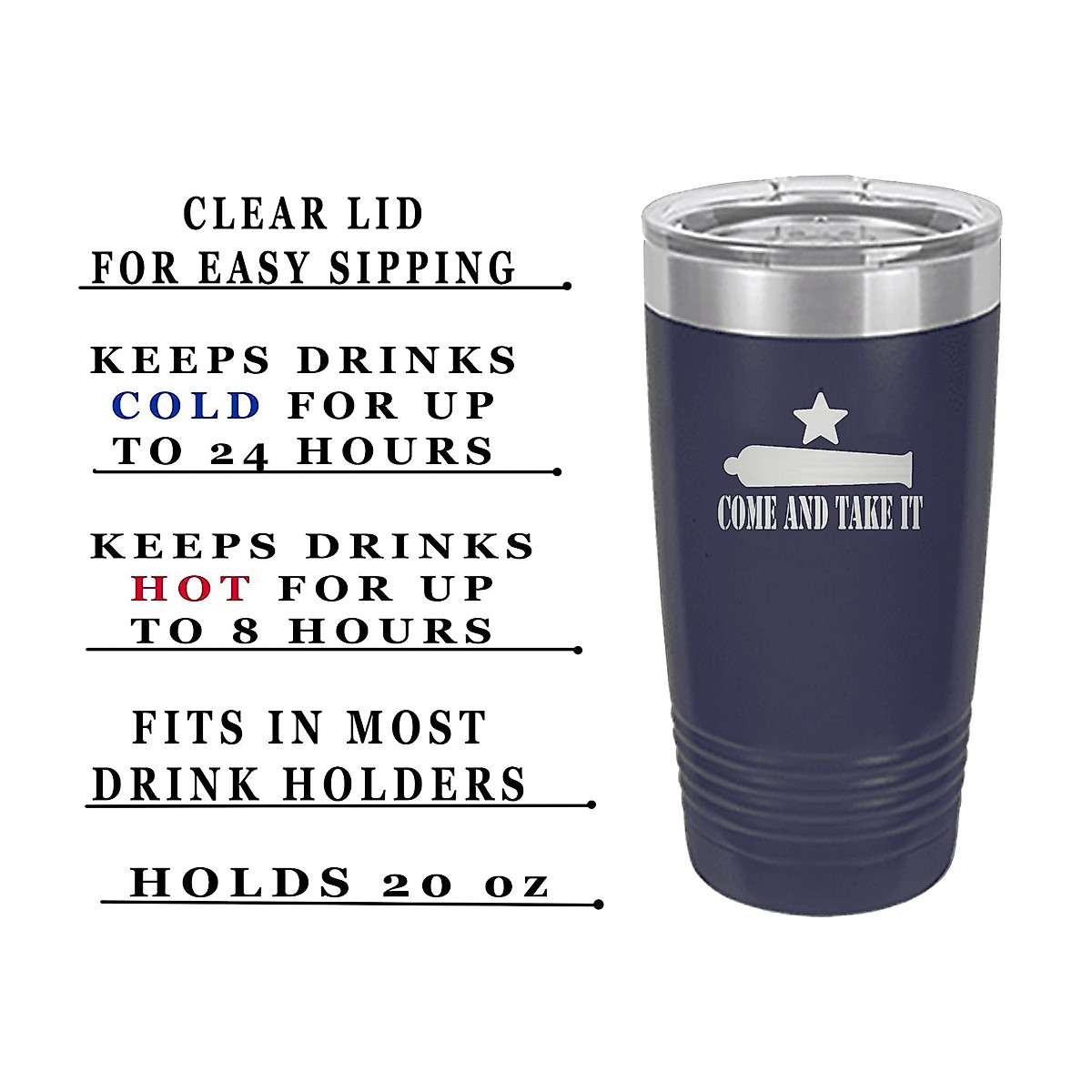 Rogue River Tactical Come and Take It Gonzales Texas Flag 20 Oz. Stainless Steel Travel Tumbler Mug Cup w/Lid Vacuum Insulated Hot or Cold (Blue)