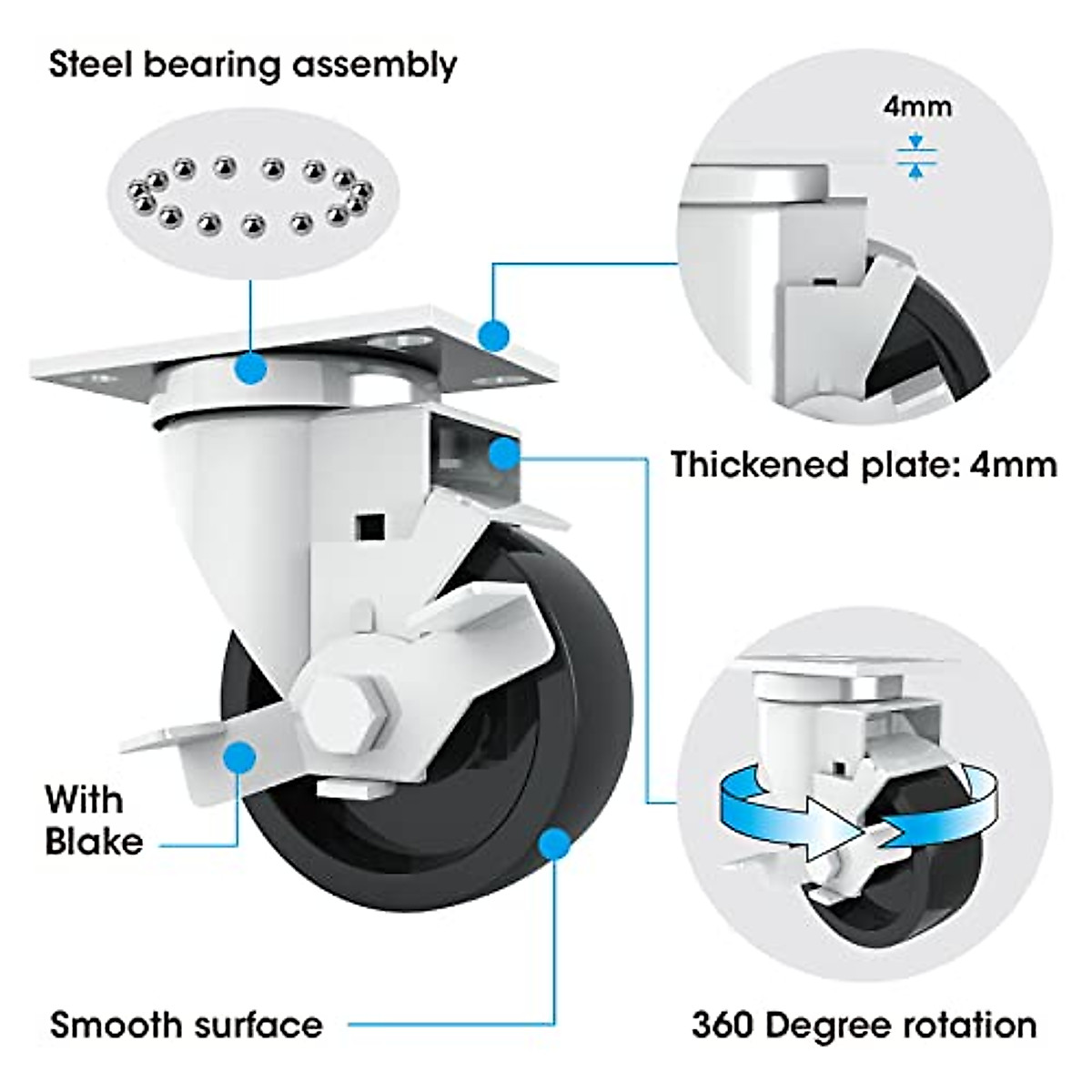Jack Boss 3 Inch Caster Wheels Swivel (Set of 4) Heavy Duty 360 Degree Swivel Top Plate Castors with Brake No Noise Floor Protection 1800lbs