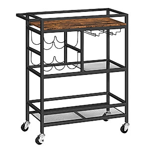 MAHANCRIS Bar Cart for Home, 3-Tier Serving Cart with Wheels and Handle, Beverage Cart with Wine Rack and Glass Holders, Rolling Wine Cart for Kitchen, Dining Room, Rustic Brown RCHR6101