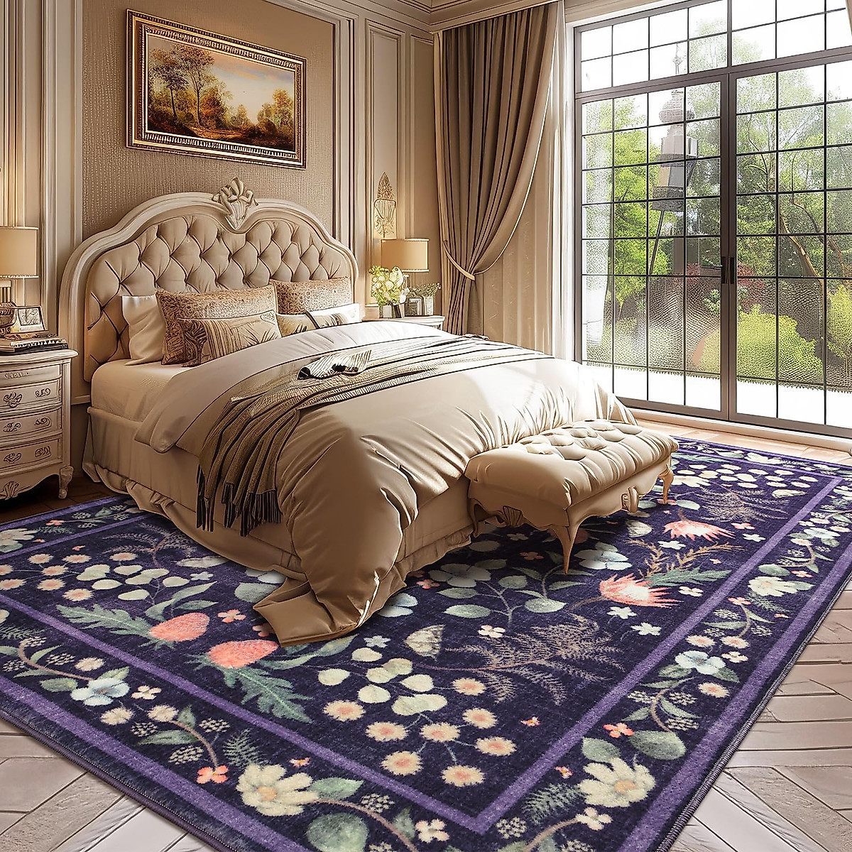 Rtizon Area Rugs for Living Room 5x7 Non-Slip Carpet Washable Boho Rug Vintage Low Pile Carpet Print Home Rugs for Bedroom Kids Room Playroom Dining Room Home Office Farmhouse,Purple