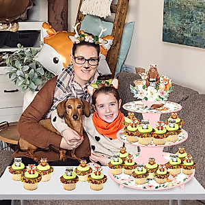 Woodland Animal Party Cupcake Stand for Girls Pink 3-Tier Cake Stand for Baby Shower Jungle Animal Cupcake Tower Decorations for Woodland Birthday Animal Theme Party Cake Holder Decorations for Kids