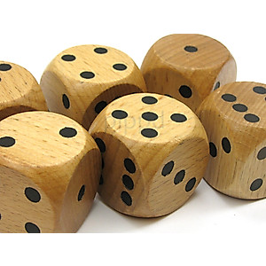 Koplow Games Set of 6 D6 Large Jumbo 30mm Rounded Wood Dice - Wooden with Black Pips