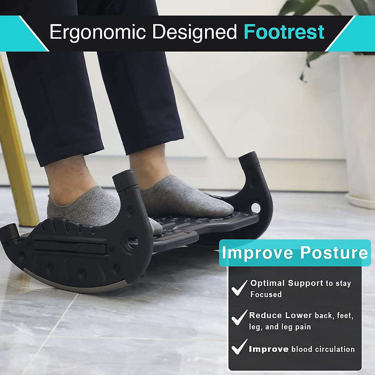 RAINFLY Adjustable Foot Rest Under Desk for Office Use - 30° Tilt Angle Desk Foot Rest Ergonomic Design Office Footrests with Cushion, Non-Slip and Portable Foot Rest for Travel - Black