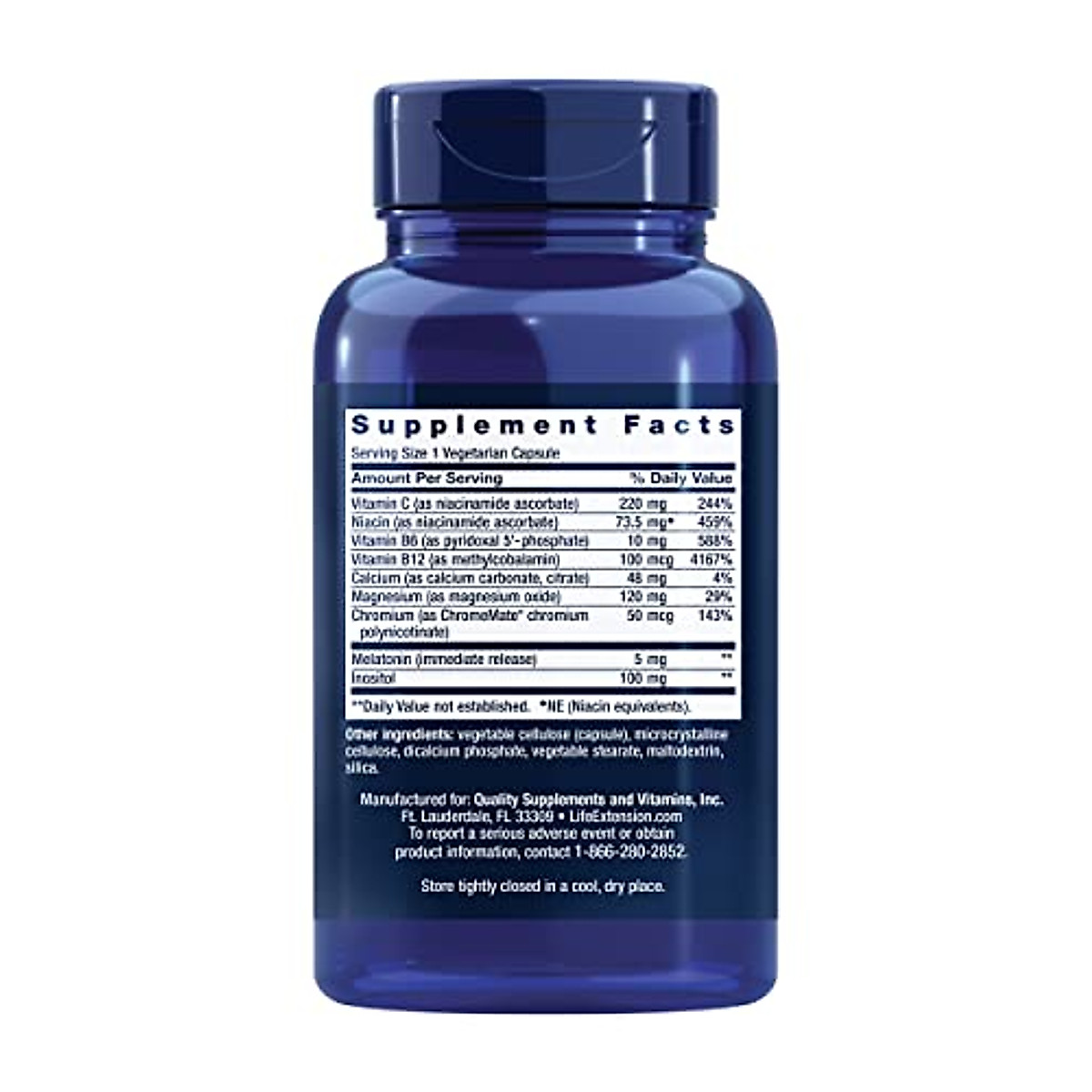 Life Extension Quiet Sleep Melatonin - 5mg of Melatonin Supplement with Vitamin C, B6, B12, Calcium, Magnesium and Inositol for Restful & Healthy Sleep - Non-GMO, Gluten-Free, Vegetarian - 60 Capsules