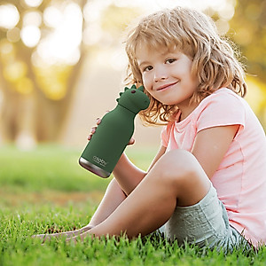 asobu Bestie Bottle Insulated Stainless Steel Water Bottle with Detachable Soft Animal Head Fun Drinking for Kids and Teens with Flexible Reusable Straw 16 Ounce (Dinosaur)