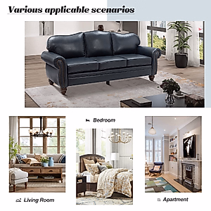 HULALA HOME 81'' Upholstered Leather Sofa with Removable Cushion, Mid-Century Modern Living Room 3-Seater Couch, Full Grain Leather Couch with Nailhead Trim and Rolled Arm for Bedroom Apartment, Navy