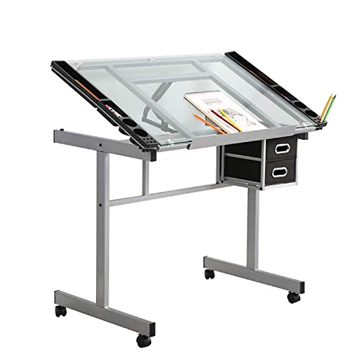 SogesHome Adjustable Drafting Table, Drawing Board Art & Craft Desk Folding Art Desk, with Side Tray, 4 Universal Lockable Casters, White
