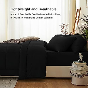 CozyLux Queen Comforter Set - 7 Pieces Bed in a Bag Set Black, Bedding Sets Queen with All Season Quilted Comforter, Flat Sheet, Fitted Sheet, Pillowcases, Black, Queen