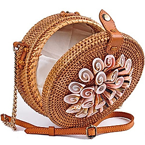 Outlavish Rattan Round Woven Straw Purse Bag, Seashells Trendy 2022, Crossbody Shoulder + Adjustable Strap For Women, Summer Beach (20cm Round, Brown)
